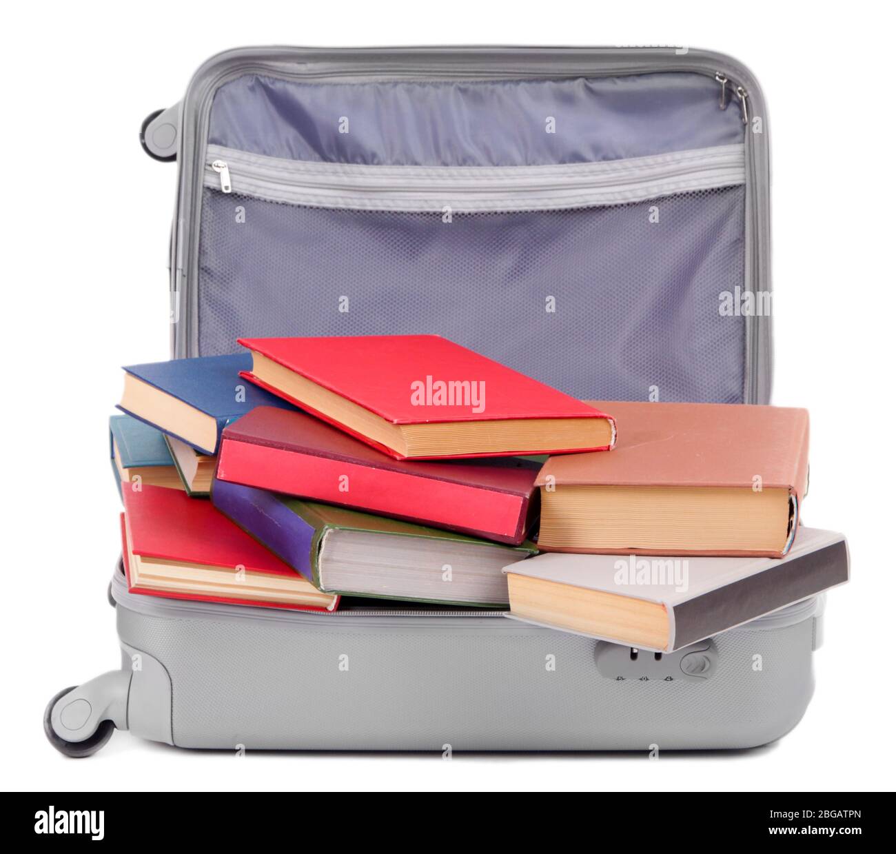 Suitcase with books isolated on white Stock Photo - Alamy