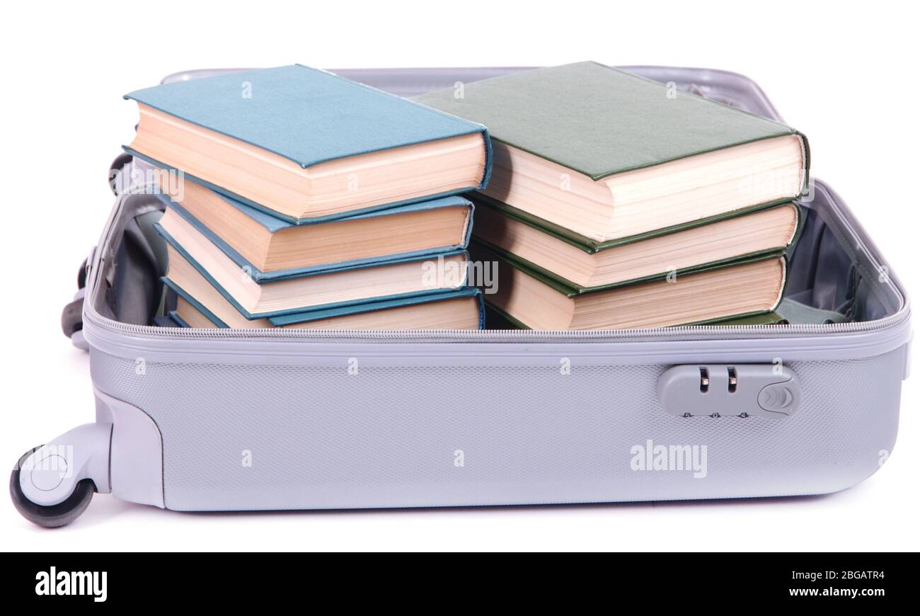 Suitcase with books isolated on white Stock Photo - Alamy