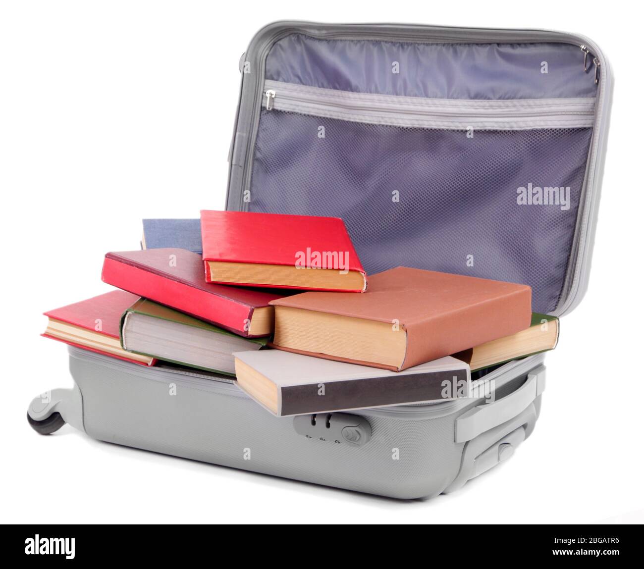 Suitcase with books isolated on white Stock Photo - Alamy