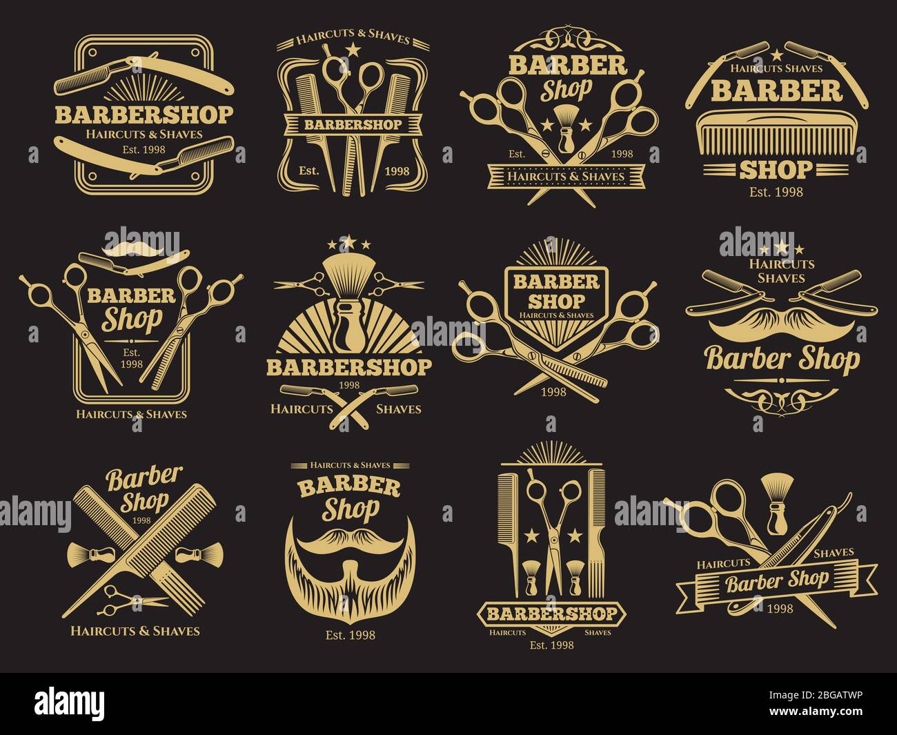 Old golden barbershop vector emblems and labels. Vintage male haircut ...