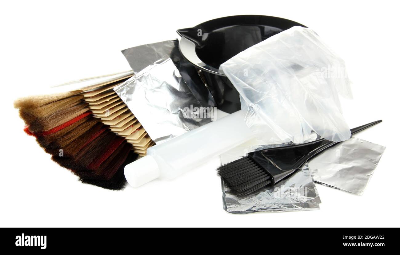 Hair dye kit and hair samples of different colors, isolated on white ...