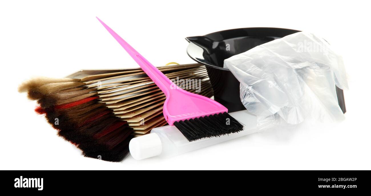 Hair dye kit and hair samples of different colors, isolated on white ...