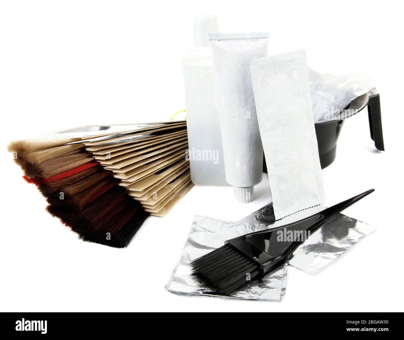 Hair dye kit and hair samples of different colors, isolated on white ...