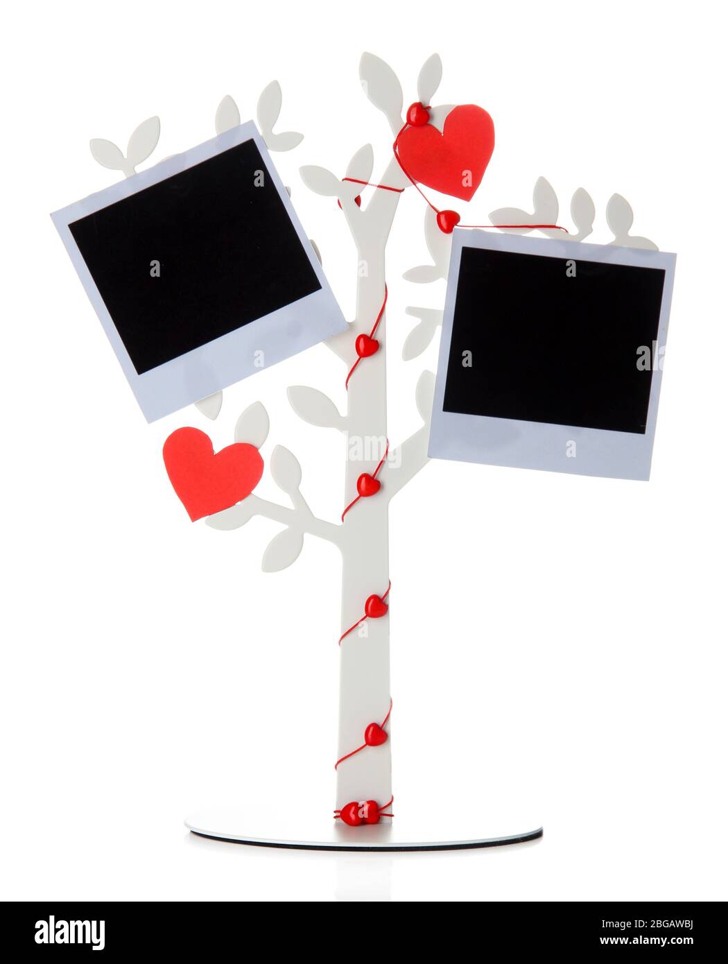 Holder in form of tree with instant photo cards isolated on white Stock ...