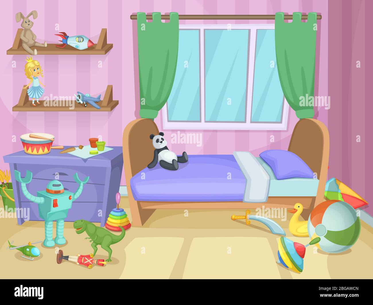 Room for kids with funny toys on the floor. Childrens playing. Vector ...