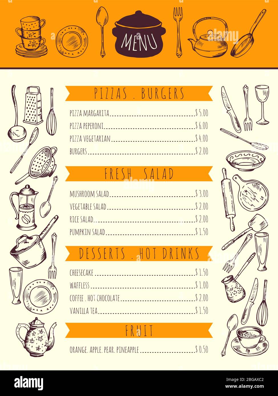 Restaurant food menu for lunch. Hand drawn pictures of kitchen tools ...