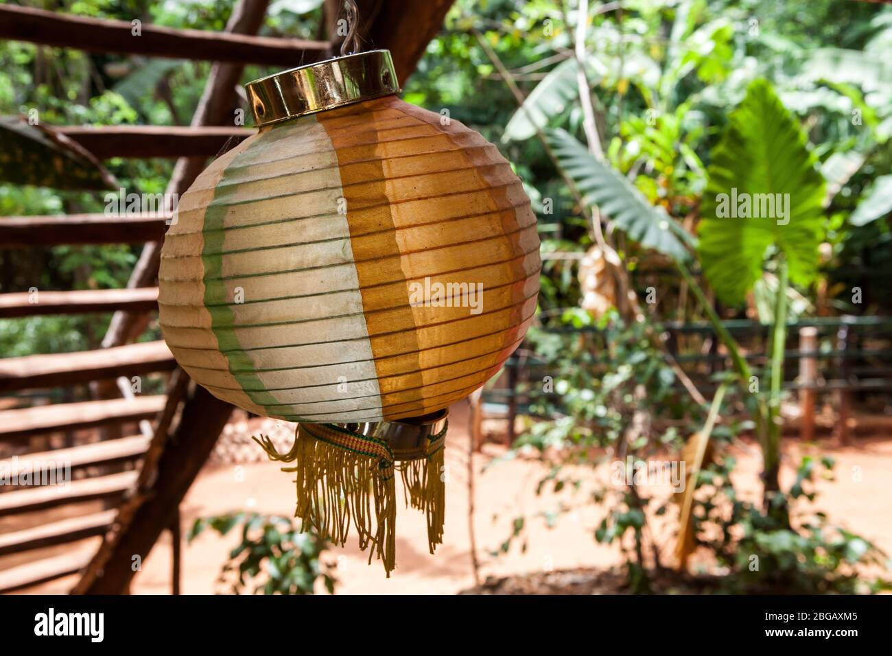 Asian lamp in the forest. A spherical lamp in a green forest. Wooden ...