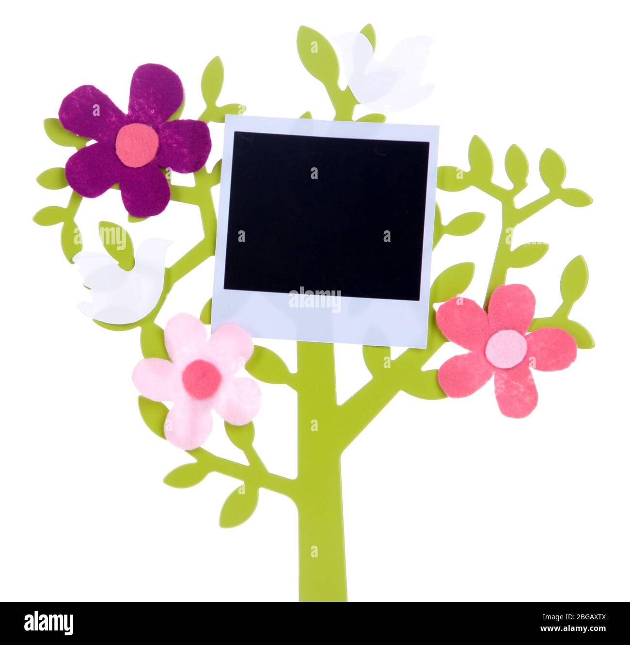 Holder in form of tree with instant photo card isolated on white Stock ...