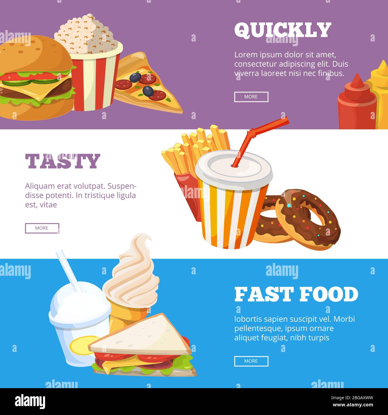 Three horizontal banners of fast food vector illustrations with burger ...