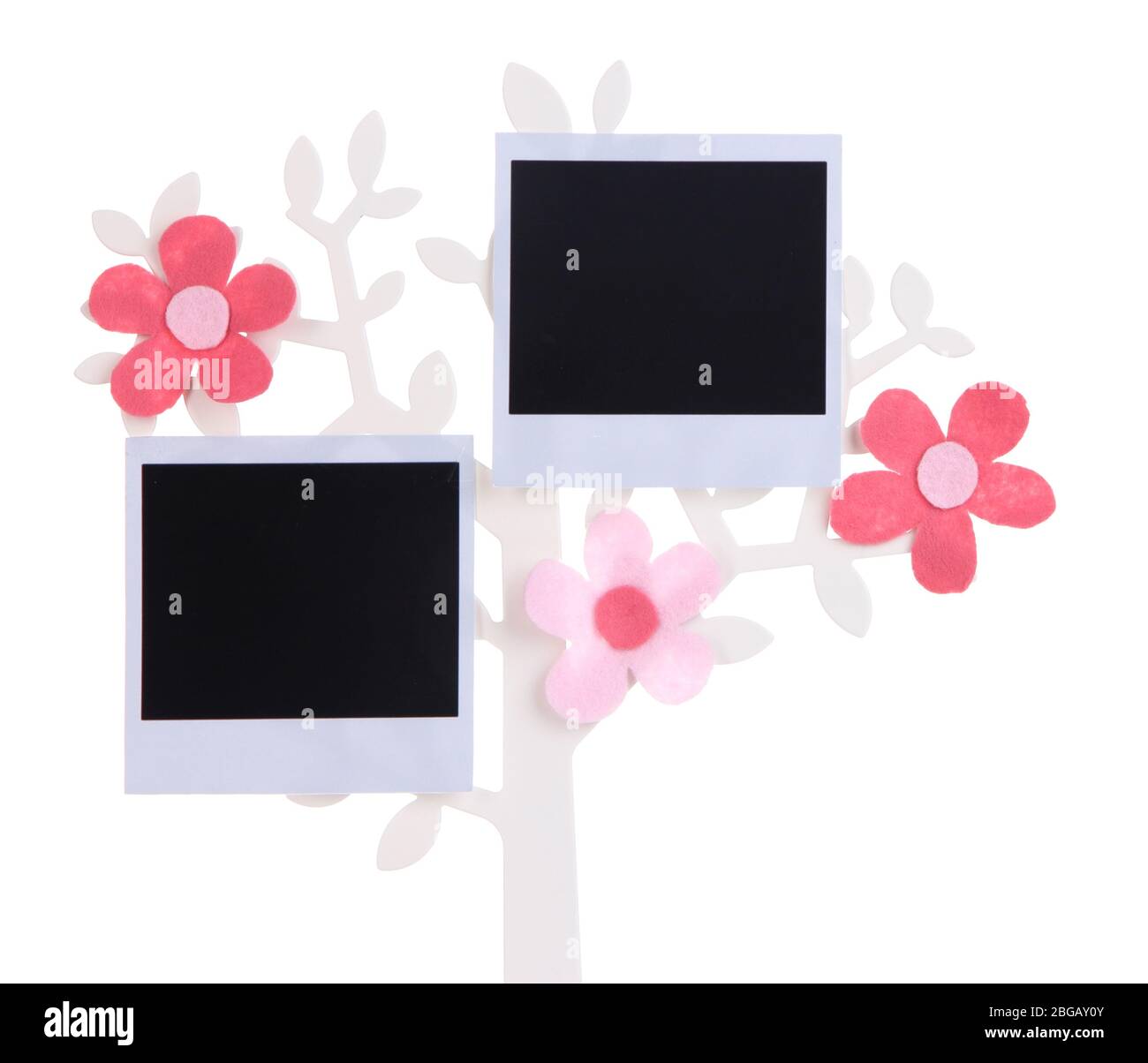 Holder in form of tree with instant photo card isolated on white Stock ...