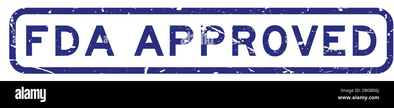 Grunge blue FDA approved word square rubber seal business stamp on ...