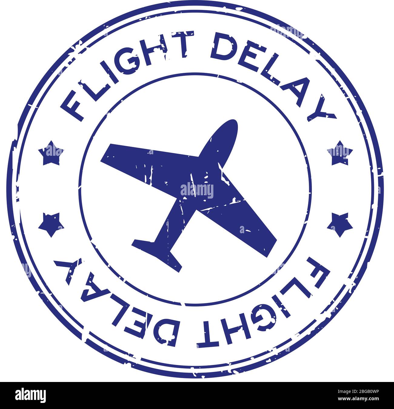 Grunge blue flight delay word with airplane icon round rubber seal ...