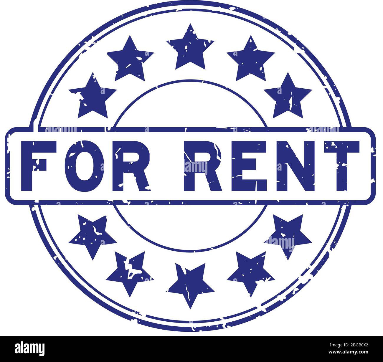Grunge blue for rent word with star icon round rubber seal stamp on ...