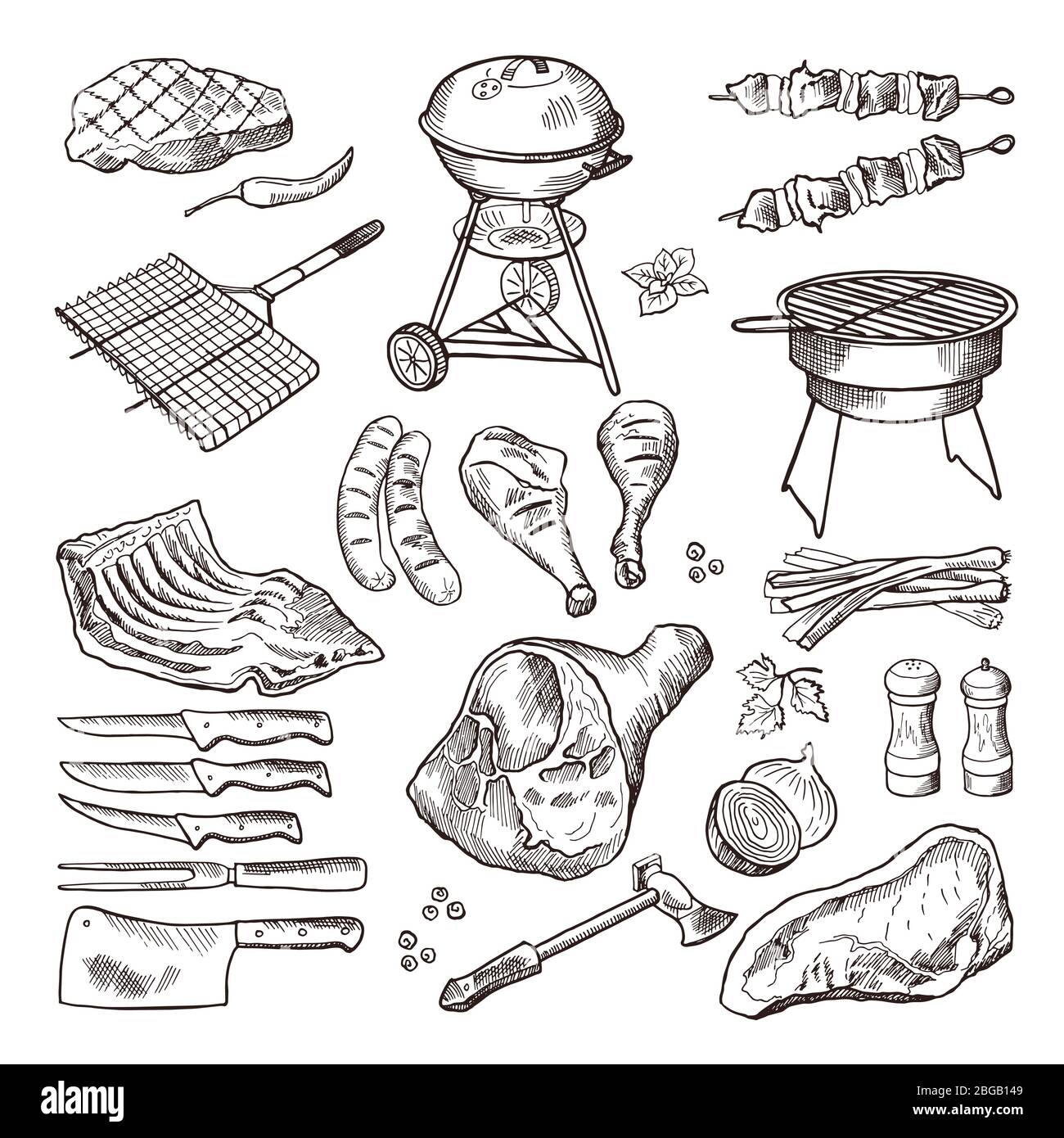 Bbq vector hand drawn illustration set. Grilled meat and other ...