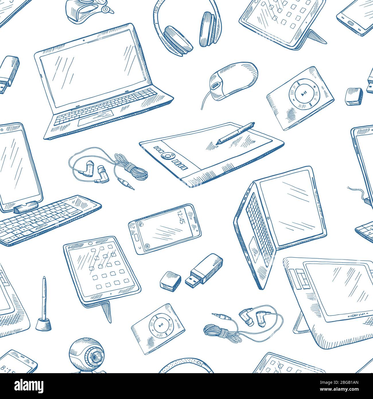 Different computer devices in hand drawn style. Vector seamless pattern ...