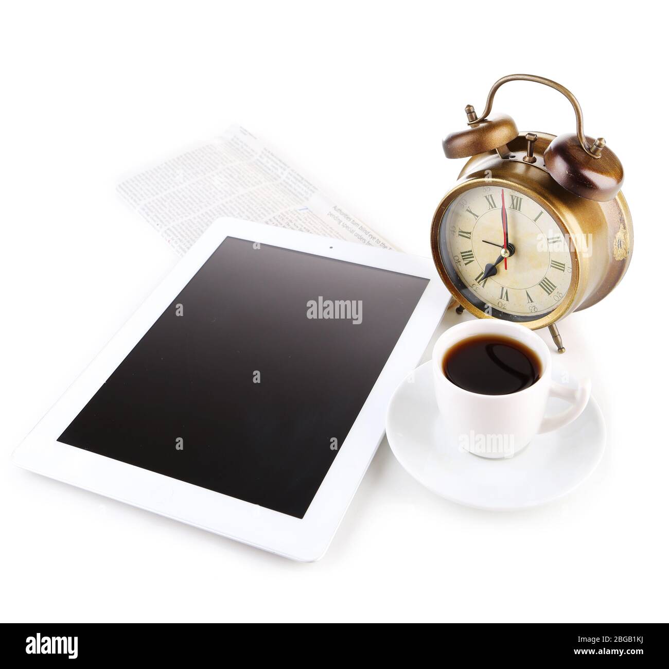 Tablet, newspaper, cup of coffee and alarm clock, isolated on white ...