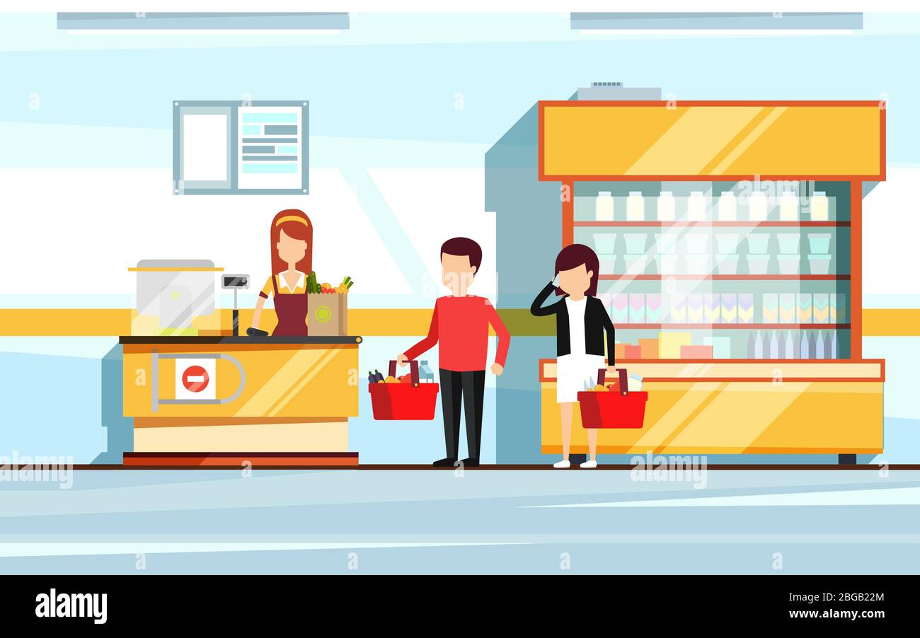 Saleswoman in supermarket interior. People standing in store checkout ...