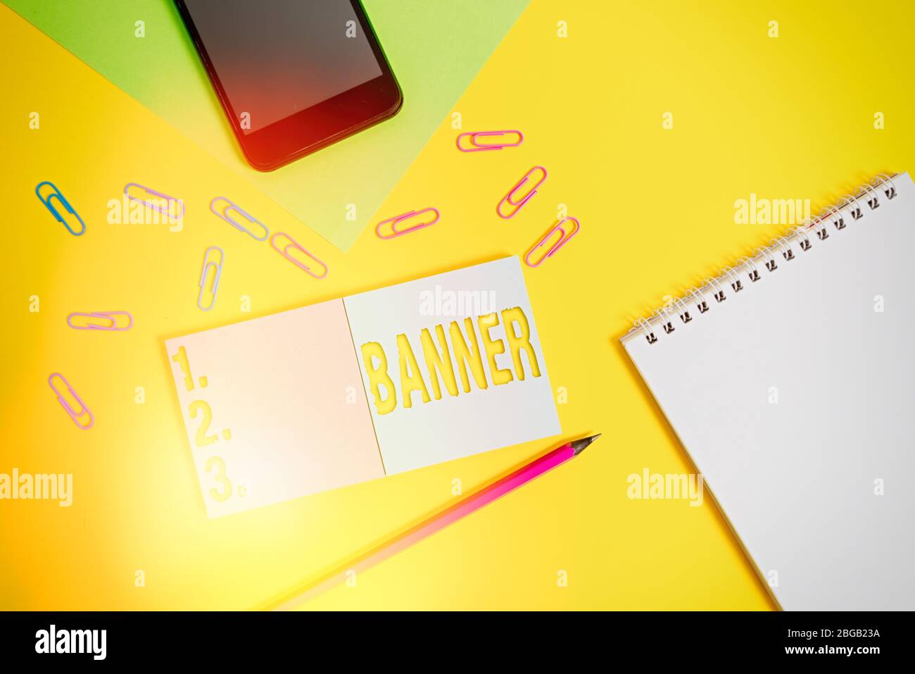 Writing note showing Banner. Business concept for long strip cloth ...