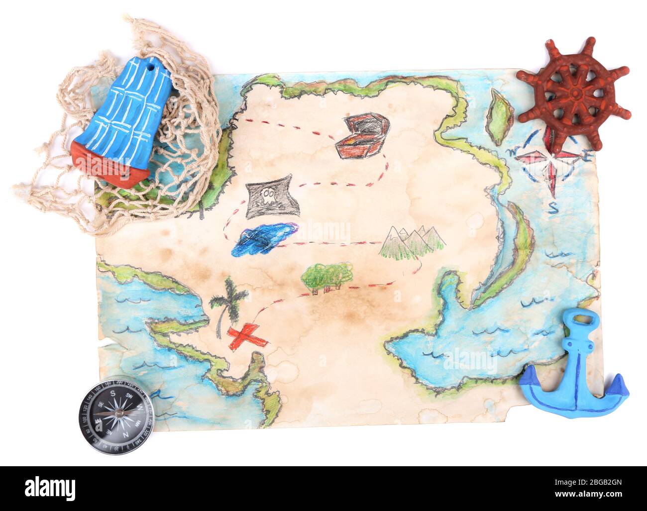 Treasure map with sea accessories, isolated on white Stock Photo - Alamy