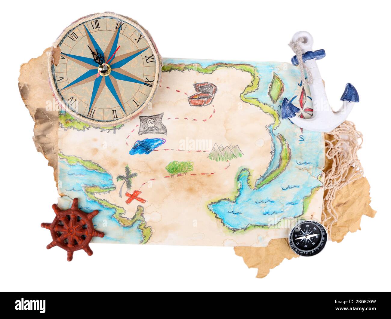 Treasure map with sea accessories, isolated on white Stock Photo - Alamy