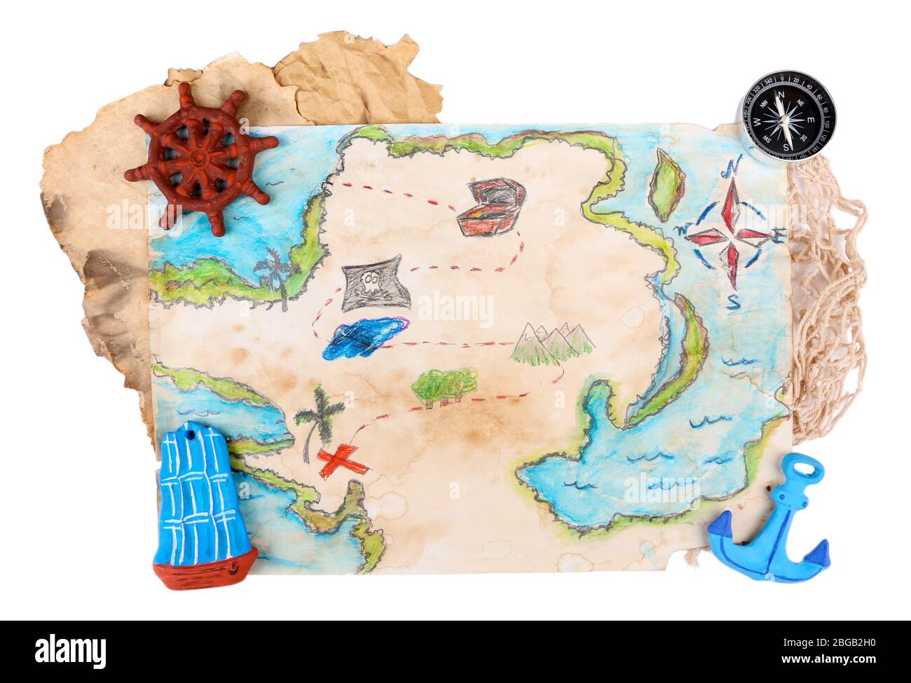 Treasure map with sea accessories, isolated on white Stock Photo - Alamy