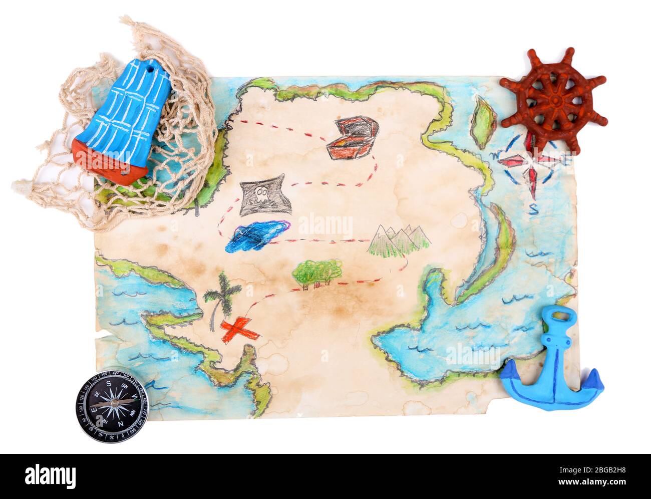 Treasure map with sea accessories, isolated on white Stock Photo - Alamy