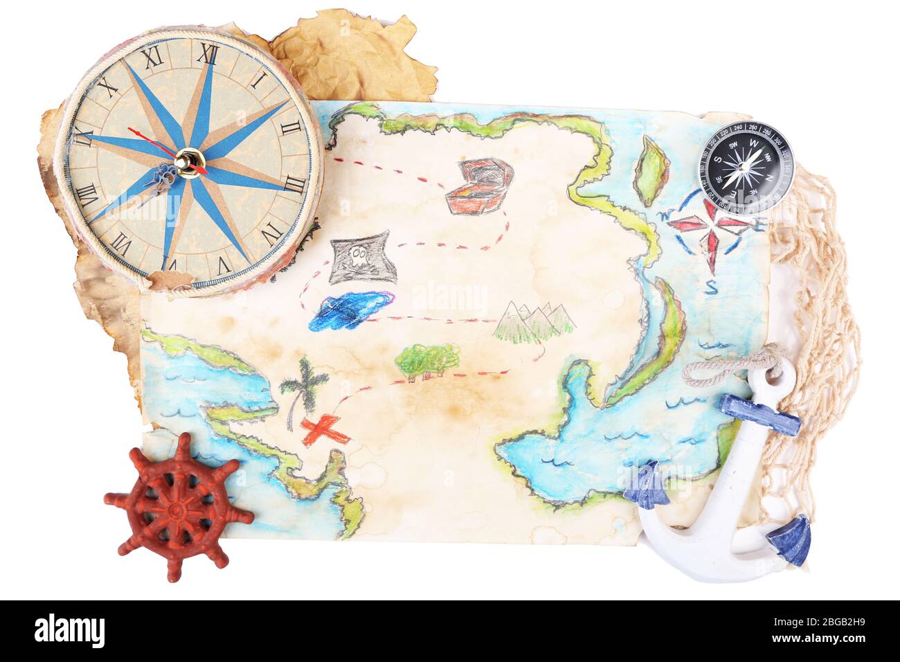 Treasure map with sea accessories, isolated on white Stock Photo - Alamy