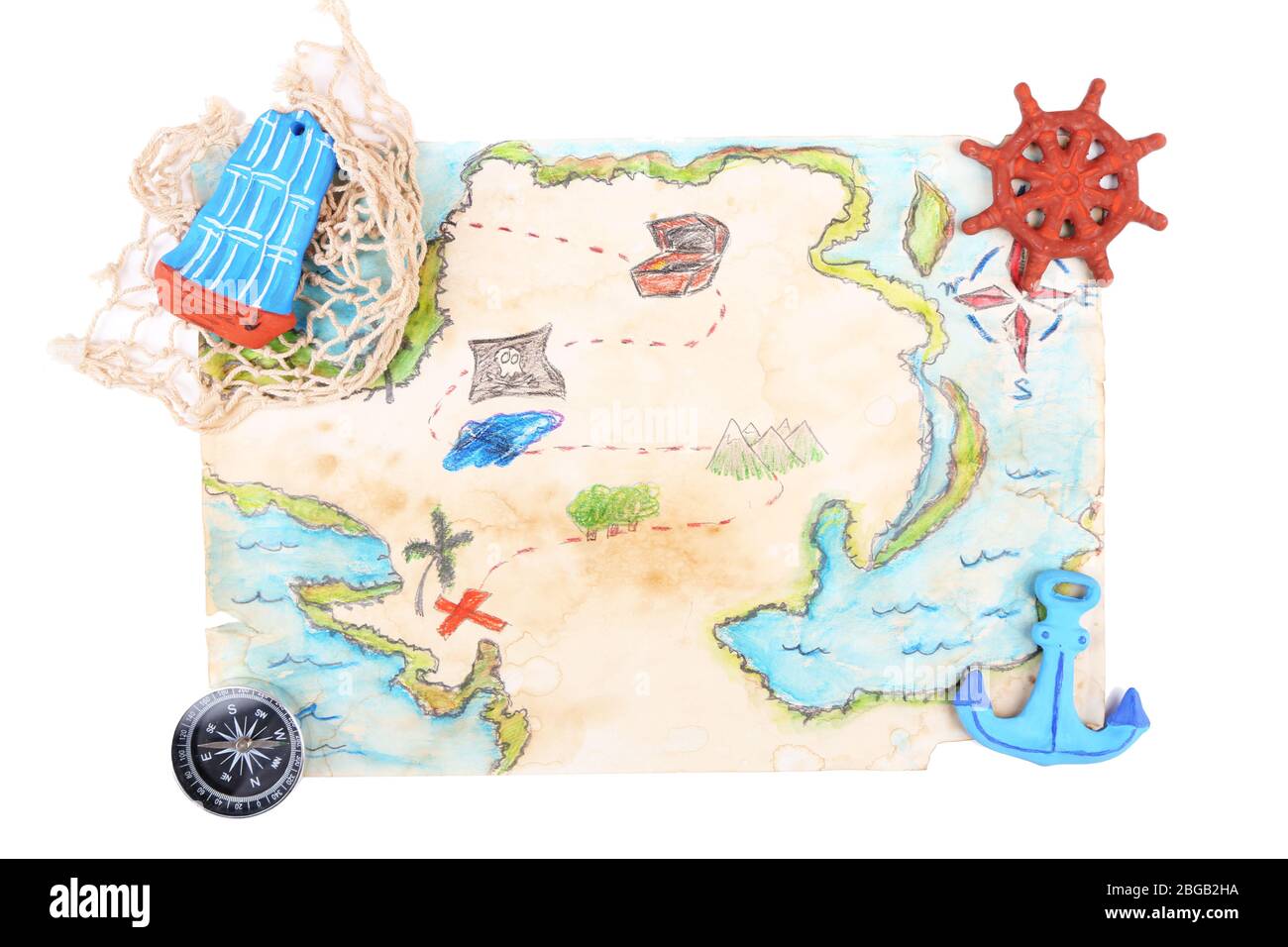 Treasure map with sea accessories, isolated on white Stock Photo - Alamy