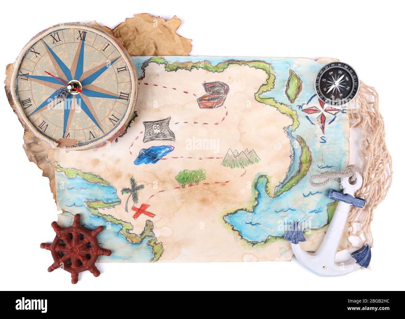 Treasure map with sea accessories, isolated on white Stock Photo - Alamy