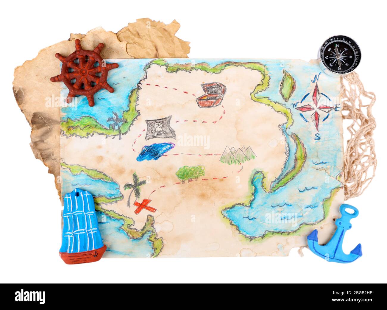 Treasure map with sea accessories, isolated on white Stock Photo - Alamy