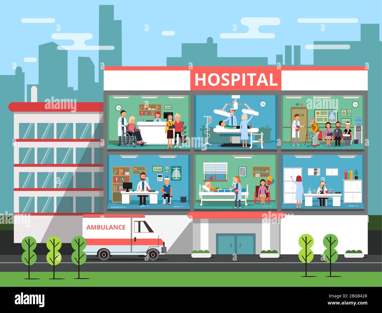 Hospital rooms with medical personnels, doctors and patients. Clinic ...