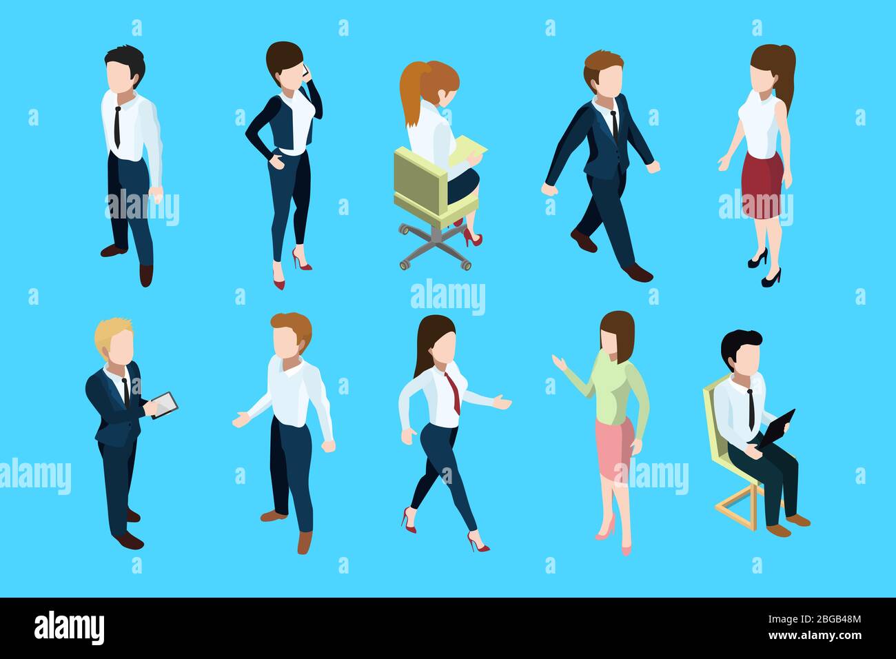 Different business peoples standing and sitting in office interior. 3d ...