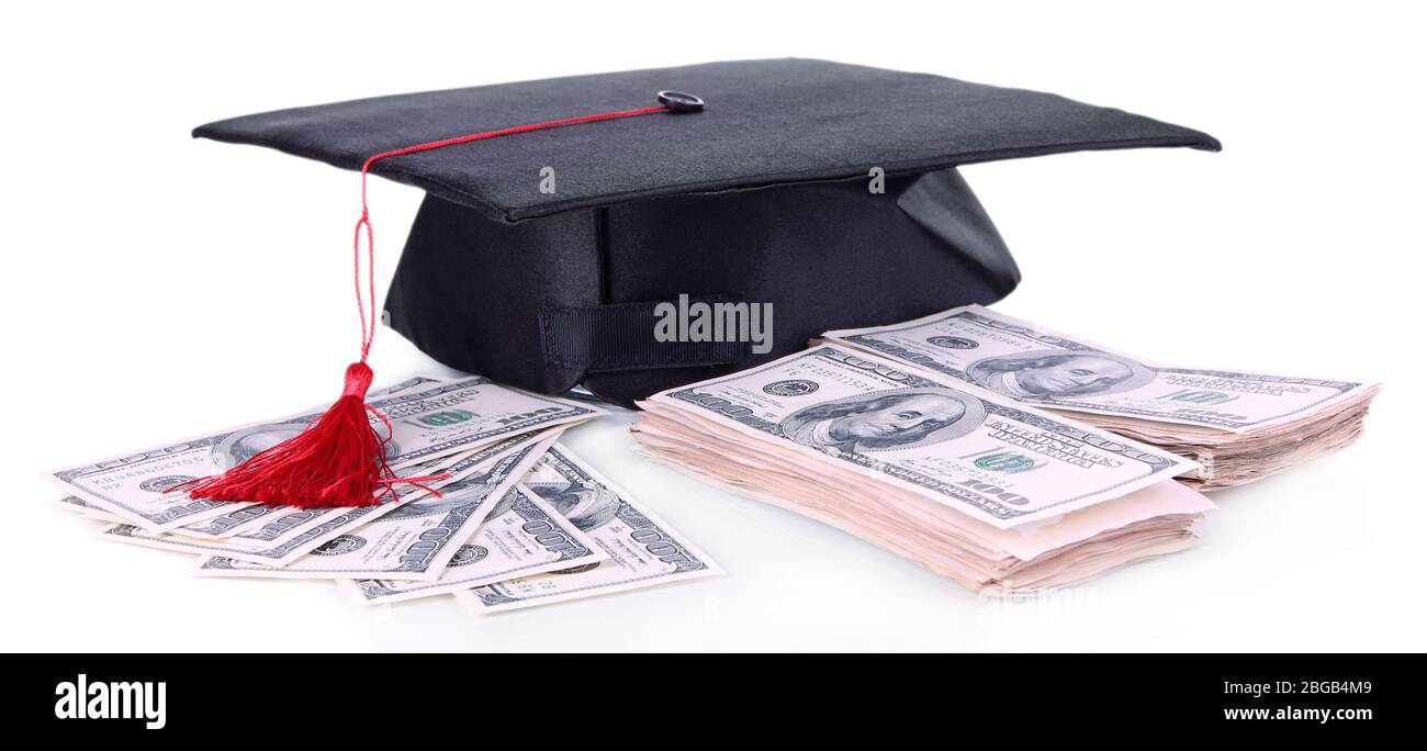 Graduation hat and money isolated on white Stock Photo - Alamy