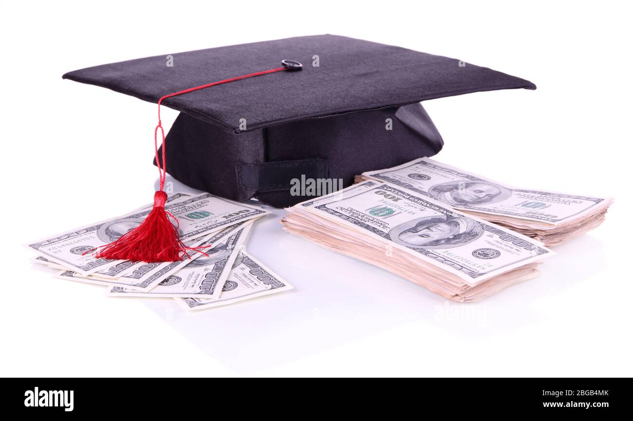 Graduation hat and money isolated on white Stock Photo - Alamy
