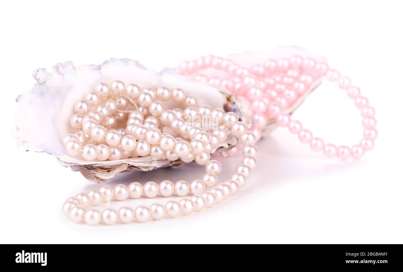 Shells with pearls, isolated on white Stock Photo - Alamy
