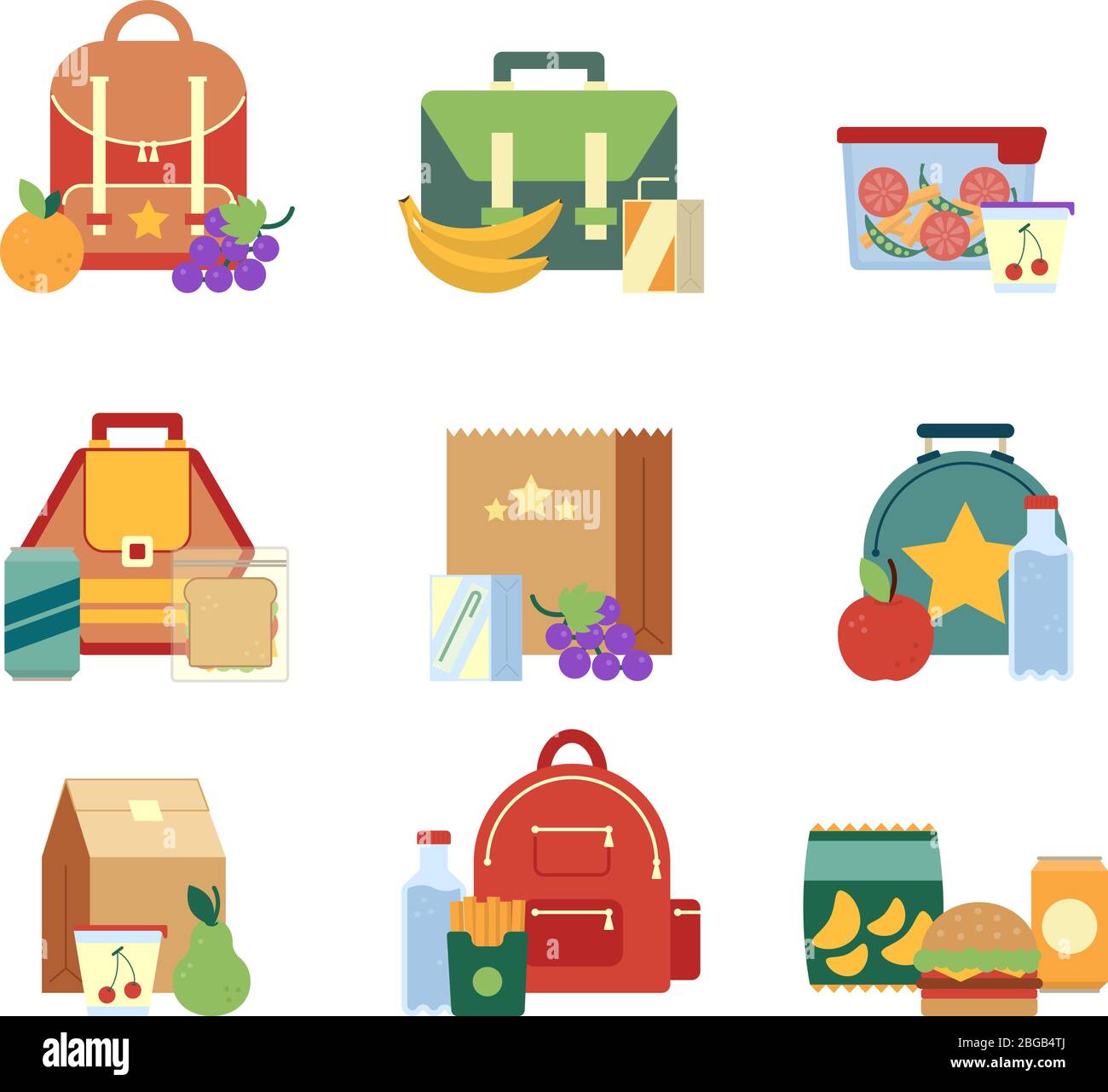 Lunch box and bag with healthy food for kids. Vector illustrations in ...