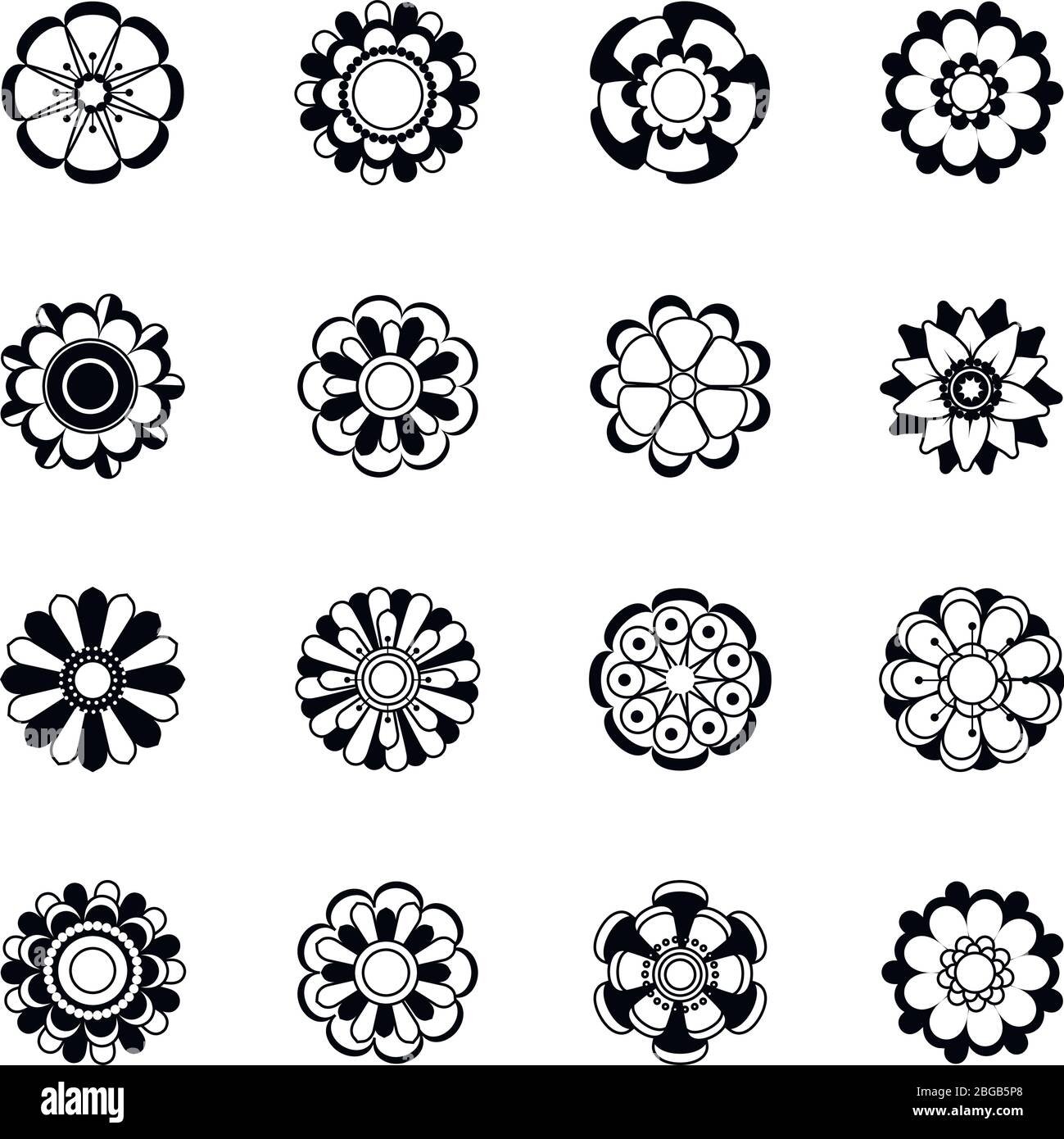 Monochrome floral icon set. Black vector flowers illustrations isolate ...
