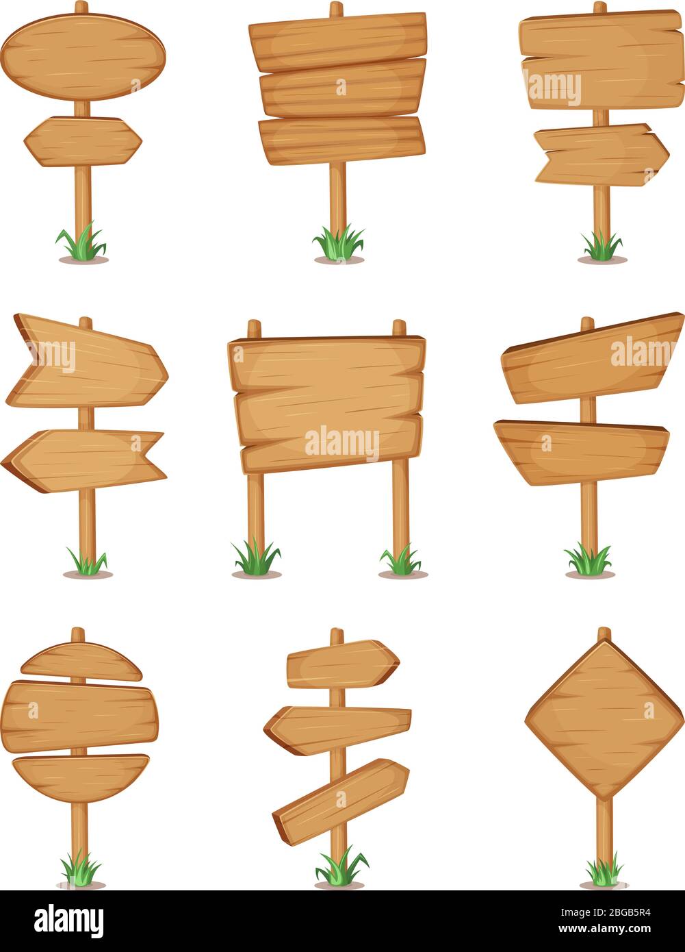 Empty wooden round and square signpost standing in grass. Vector ...