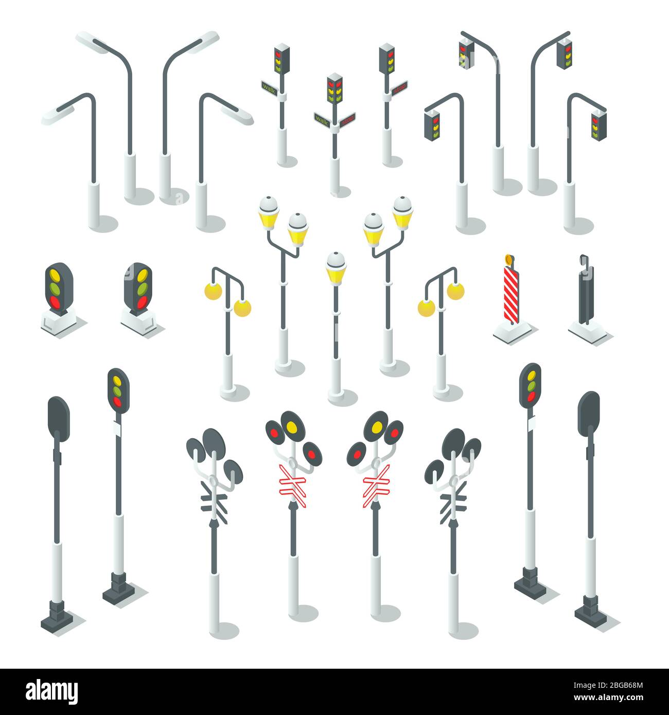 Isometric traffic light, street lamps. Urban vector illustration Stock ...