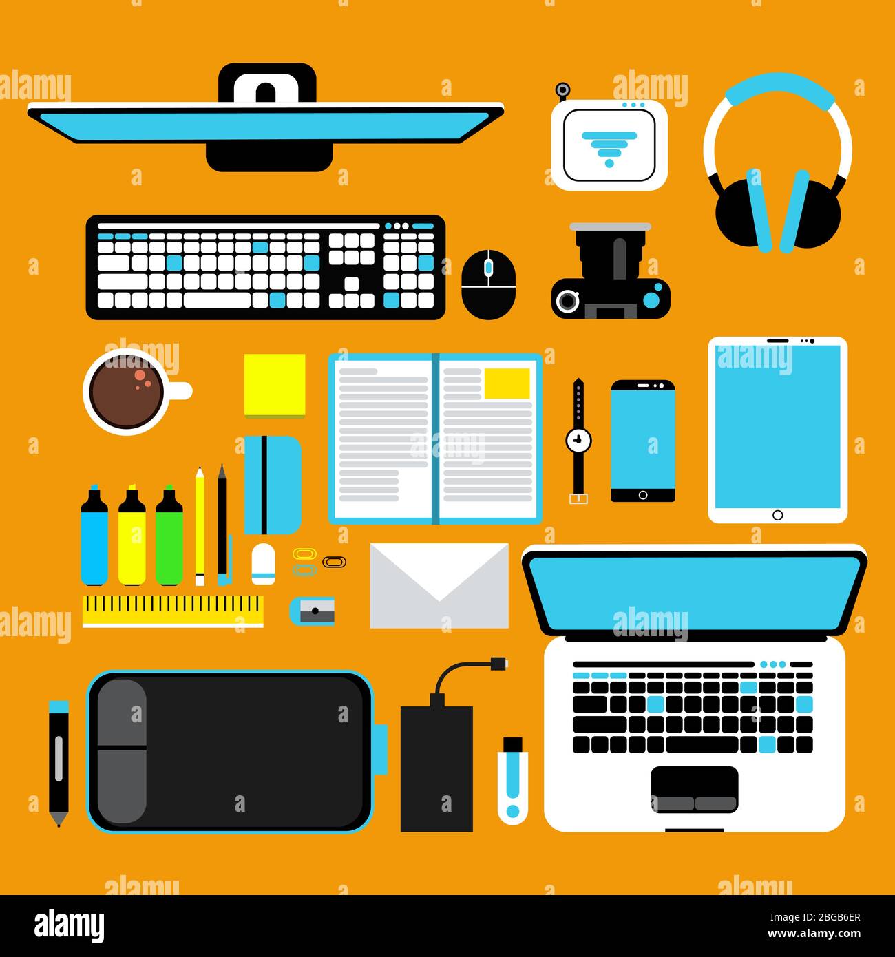 Computer gadgets top view. Vector promotional pictures set in flat ...