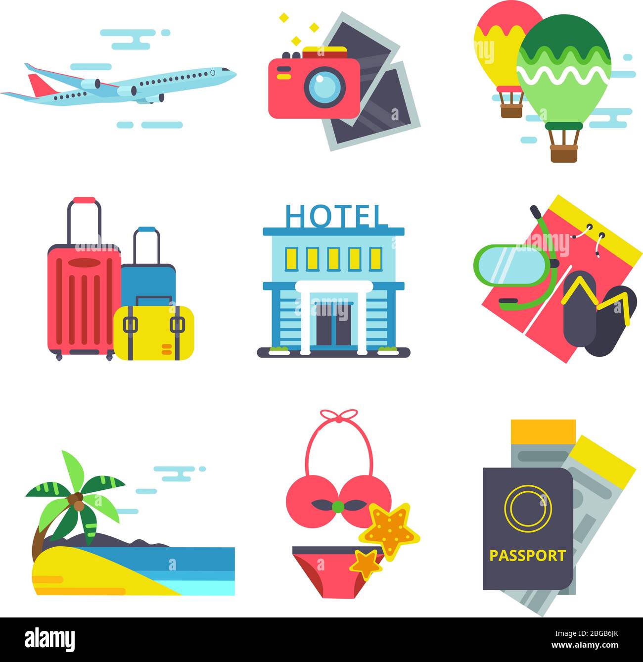 Travel time icon set in flat style. Vector signs of summer holidays ...