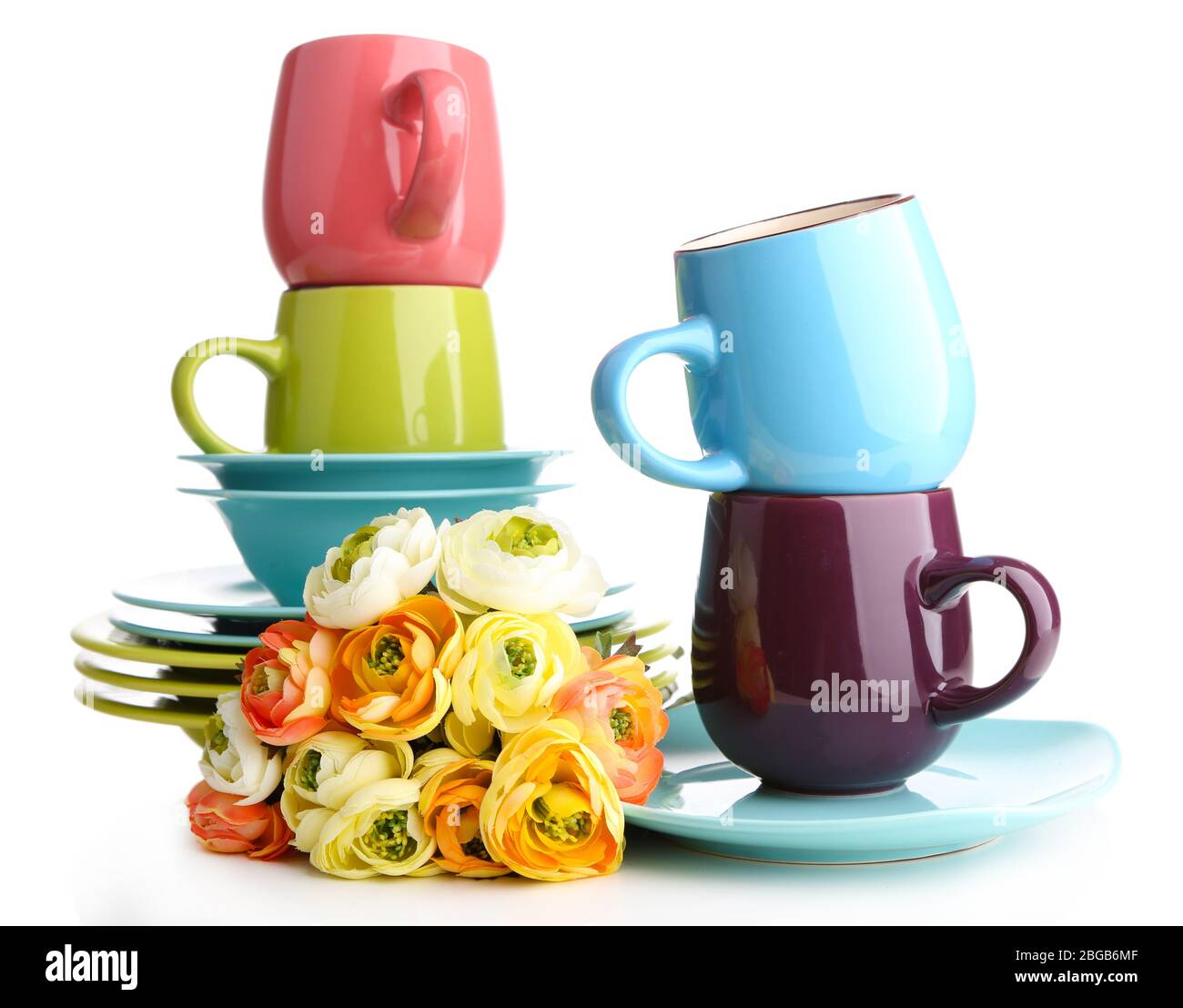 Clean colorful tableware isolated on white Stock Photo - Alamy
