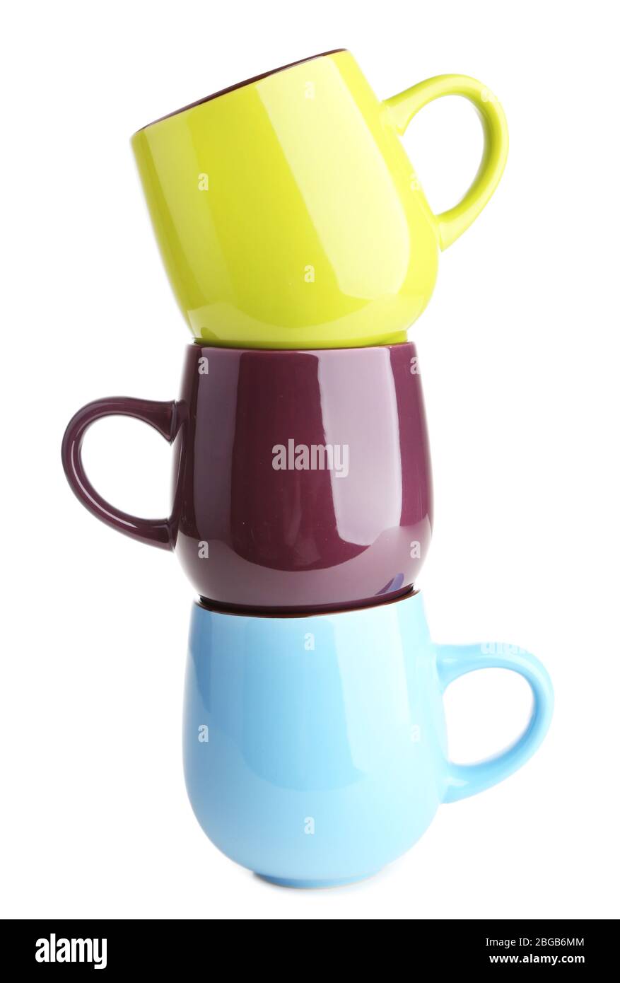 Colorful cups isolated on white Stock Photo - Alamy