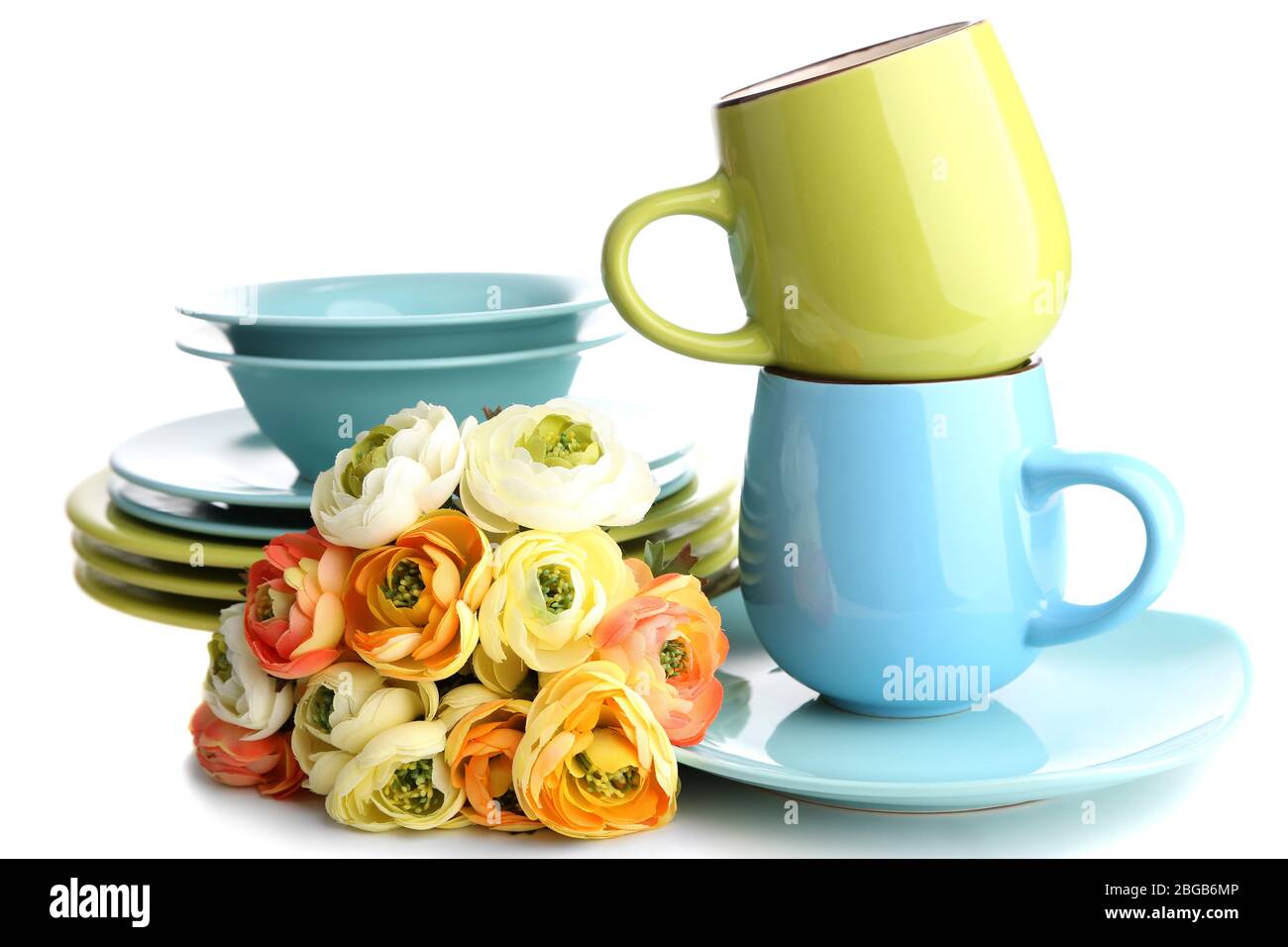 Clean colorful tableware isolated on white Stock Photo - Alamy