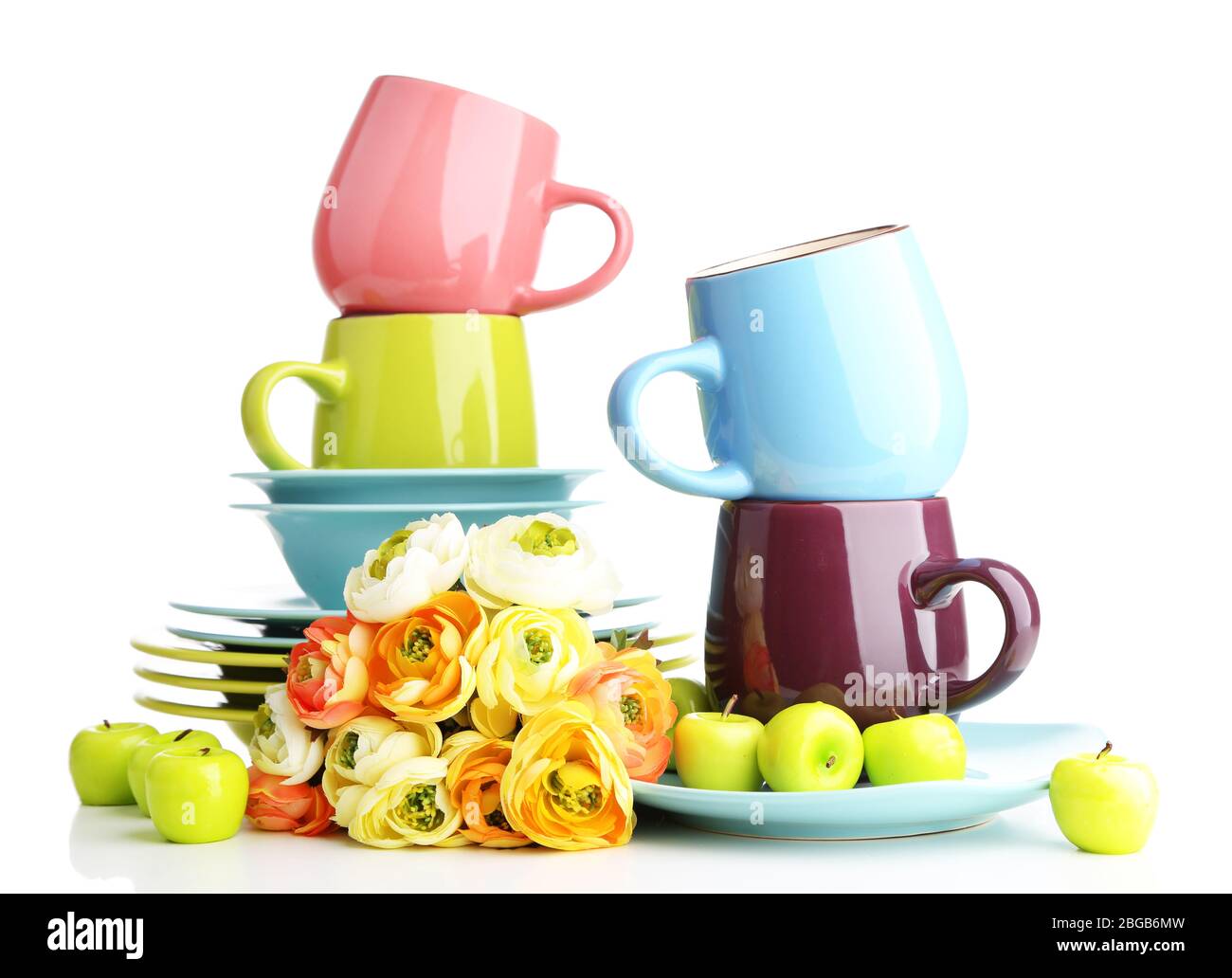 Clean colorful tableware isolated on white Stock Photo - Alamy