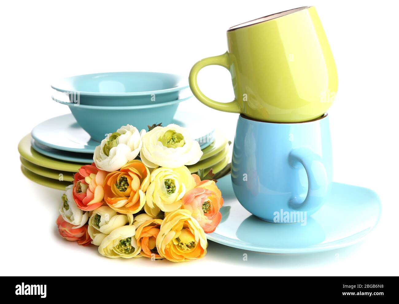 Clean colorful tableware isolated on white Stock Photo - Alamy