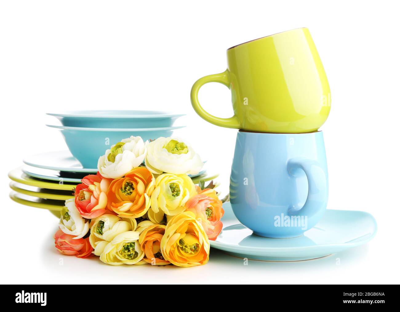 Clean colorful tableware isolated on white Stock Photo - Alamy