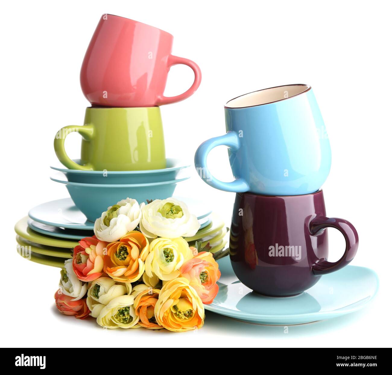 Clean colorful tableware isolated on white Stock Photo - Alamy