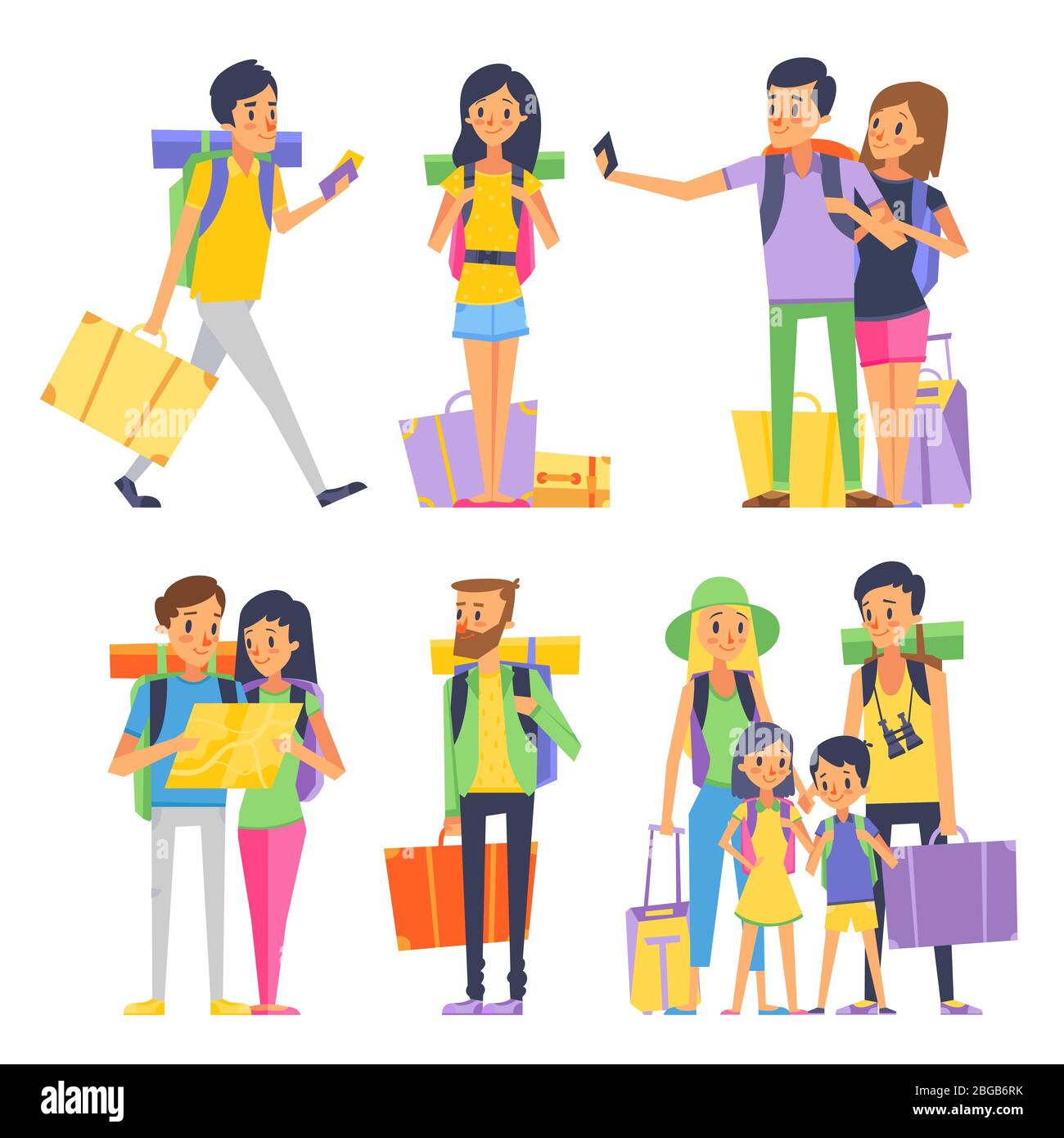 Tourist group of happy people goes to vacation. Couple or family with ...