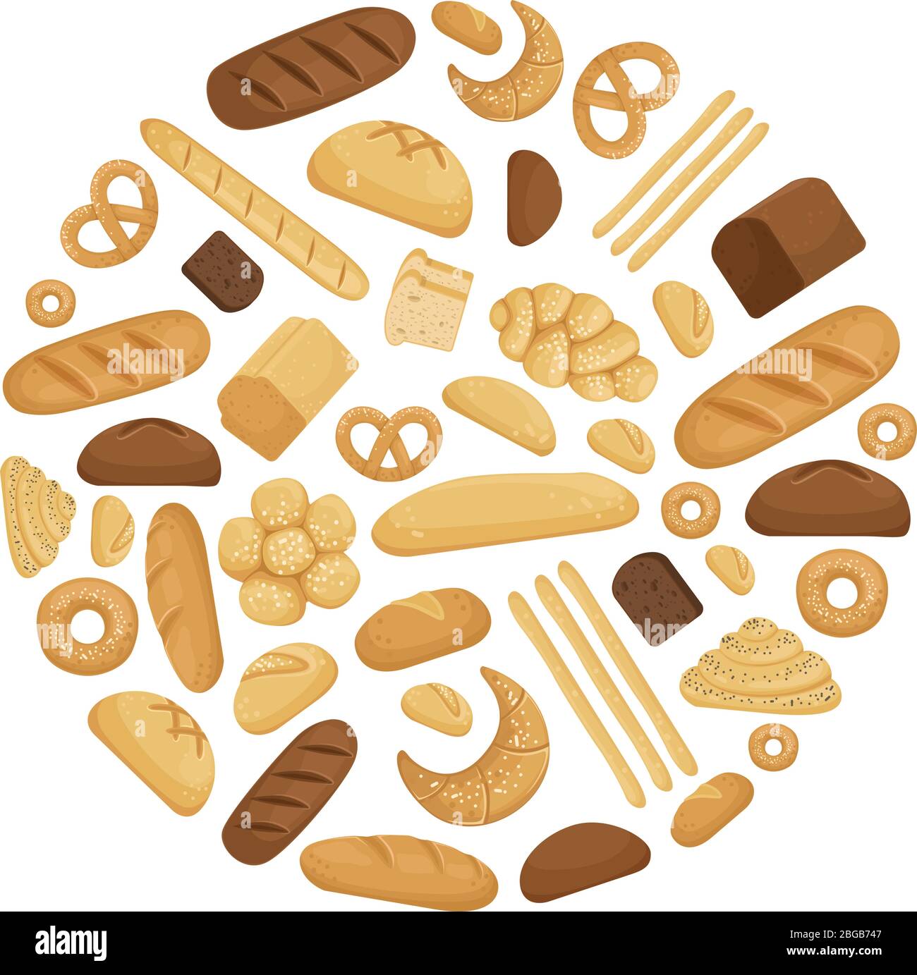 Bread and tasty bakery foods in circle shape. Vector illustration in ...